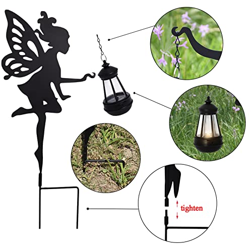 Poweka Fairy Garden Decor Solar Light, Metal Statues Solar Landscape Lights Outdoor Waterproof Hanging Lantern for Lawn Patio Yard Walkway Front Porch Decoration (2Pack)