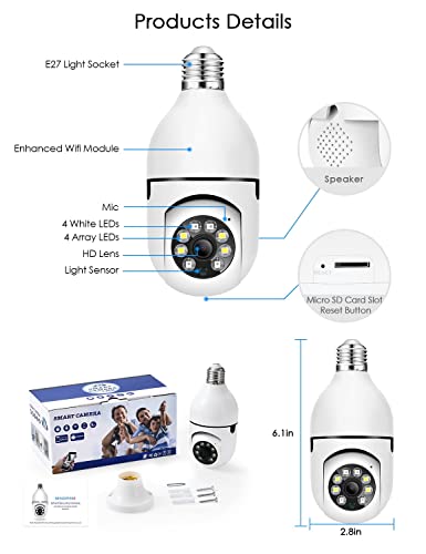 BESDERSEC Security Cameras Wireless Outdoor, Pan/Tilt Light Bulb Security Camera 360° Panoramic FHD 1080P Wi-Fi Outdoor Security Camera with IR Light Motion Sensor 2-Way Audio