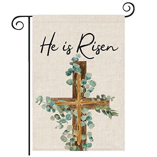 He is Risen Easter Garden Flag Eucalyptus Cross (12x18, Double Sided) Christian Religious Easter Yard Flag Outside Outdoor
