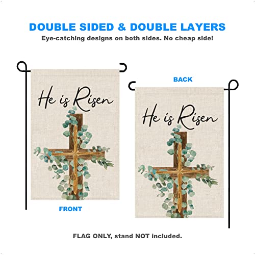 He is Risen Easter Garden Flag Eucalyptus Cross (12x18, Double Sided) Christian Religious Easter Yard Flag Outside Outdoor