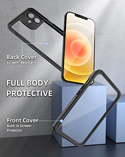 WIFORT iPhone 12 Mini Waterproof Case Built-in Screen Protector Water Resistant Cover Protective Drop Protection Hard, Shockproof Full Body Defender Tough Military Grade - 5.4" Black