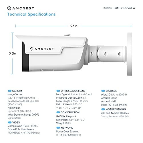 Amcrest 4K Optical Zoom IP Camera, Varifocal 8MP Outdoor POE Camera Bullet, Security Camera, 2.7mm~13.5mm Lens, IP67 Weatherproof, MicroSD Recording, (IP8M-VB2796EW)