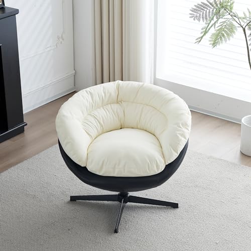 Swivel Barrel Accent Chair, Round Armchair with Wide Upholstered, 360 Degree Swivel PU Leather Club Sofa Chair for Living Room, Bedroom, Office (Cream White+Black)