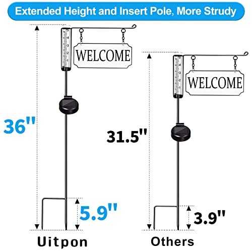 Uitpon 36" Rain Gauge Outdoor Decorative with Solar Powered Light,Metal“Welcome”Yard Sign Stakes with Plastic Rain Measure Gauge for Garden Lawn Decorations