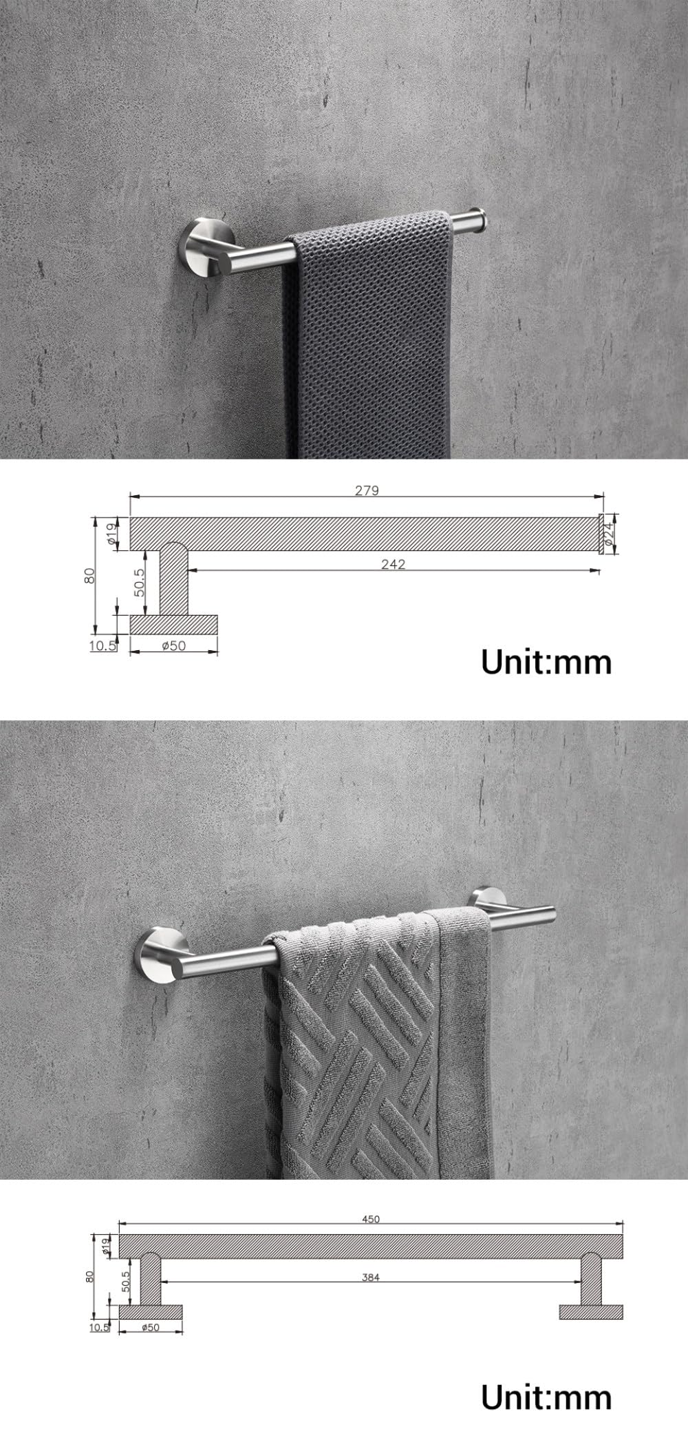 Bathroom Hardware Set Accessories Kit Brushed Stainless Steel Round Wall Rack Hand Bar Toilet Roll Paper Holder Robe Towel Hook,SS,Towel bar,45cm