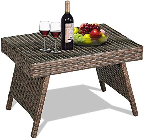 GOFLAME Wicker Table Patio Outdoor Poolside Garden Lawn Bistro Foldable Portable Leisure Standing Coffee Side Table, Espresso Brown