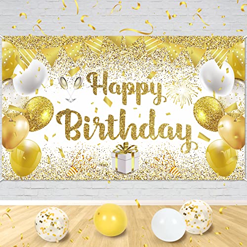 Gold White Birthday Party Decorations Banner, Gold and White Happy Birthday Backdrop Banner, Large Gold White Birthday Banner Photography Background Party Decoration for Women Men Girls 70.8x43.3Inch
