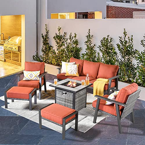 ovios Patio Furniture Set 6 PCS All Weather Outdoor Wicker Rattan Sofa Set with Fire Pit Table Ottomans High Back Sofa Thick Cushion Garden Backyard Porch (Orange Red)