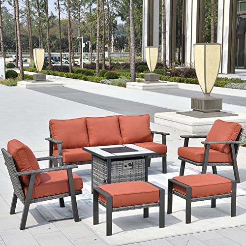 ovios Patio Furniture Set 6 PCS All Weather Outdoor Wicker Rattan Sofa Set with Fire Pit Table Ottomans High Back Sofa Thick Cushion Garden Backyard Porch (Orange Red)
