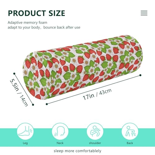 xigua Cute Strawberry Neck Roll Pillow for Neck Relief with Removable Washable Cover - Memory Foam Round Cylinder Bolster, Ergonomically Designed for Head, Neck, Back, and Legs