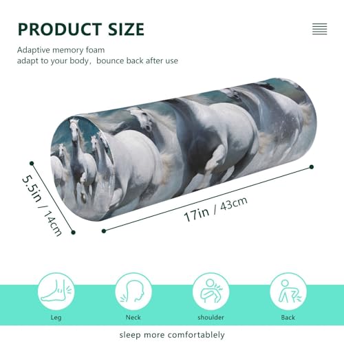 xigua Running Horses Neck Roll Pillow for Neck Relief with Removable Washable Cover - Memory Foam Round Cylinder Bolster, Ergonomically Designed for Head, Neck, Back, and Legs