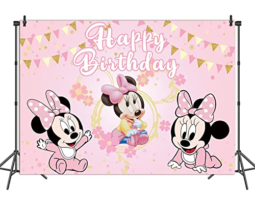 Cartoon Baby Mouse Backdrop Kids 1st 2nd Birthday Pink Mouse Theme Party Photography Backdrop Girls Baby Shower Cake Table Decoration Background (7x5ft)