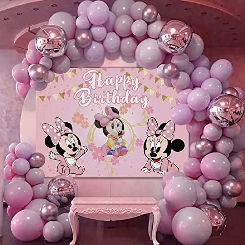 Cartoon Baby Mouse Backdrop Kids 1st 2nd Birthday Pink Mouse Theme Party Photography Backdrop Girls Baby Shower Cake Table Decoration Background (7x5ft)