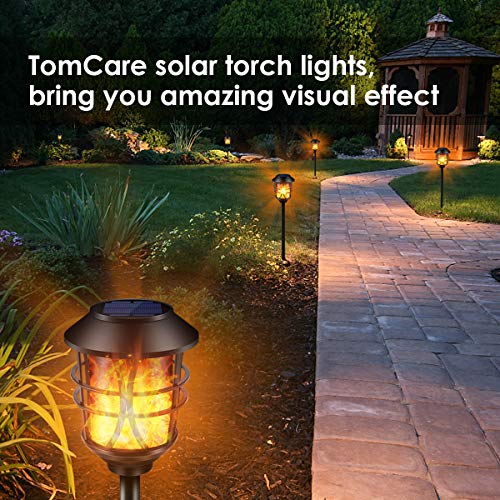 TomCare Solar Lights Metal Flickering Flame Solar Torches Lights Waterproof Outdoor Heavy Duty Lighting Solar Pathway Lights Landscape Lighting Dusk to Dawn Auto On/Off for Garden Patio Yard, 4 Pack