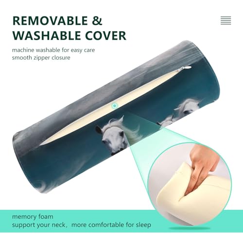 xigua Running Horses Neck Roll Pillow for Neck Relief with Removable Washable Cover - Memory Foam Round Cylinder Bolster, Ergonomically Designed for Head, Neck, Back, and Legs