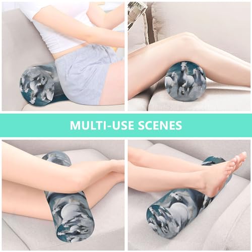 xigua Running Horses Neck Roll Pillow for Neck Relief with Removable Washable Cover - Memory Foam Round Cylinder Bolster, Ergonomically Designed for Head, Neck, Back, and Legs