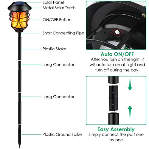 TomCare Solar Lights Metal Flickering Flame Solar Torches Lights Waterproof Outdoor Heavy Duty Lighting Solar Pathway Lights Landscape Lighting Dusk to Dawn Auto On/Off for Garden Patio Yard, 4 Pack