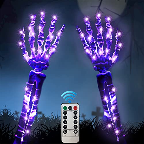 LitHome Lighted Skeleton Hands Halloween Stake Lights Outdoor, 8 Lighting Modes Purple String Lights Light Up Skull Hand Spooky Halloween Garden Stake for Pathway Walkway Garden Party
