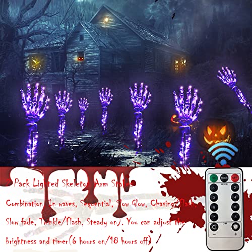 LitHome Lighted Skeleton Hands Halloween Stake Lights Outdoor, 8 Lighting Modes Purple String Lights Light Up Skull Hand Spooky Halloween Garden Stake for Pathway Walkway Garden Party