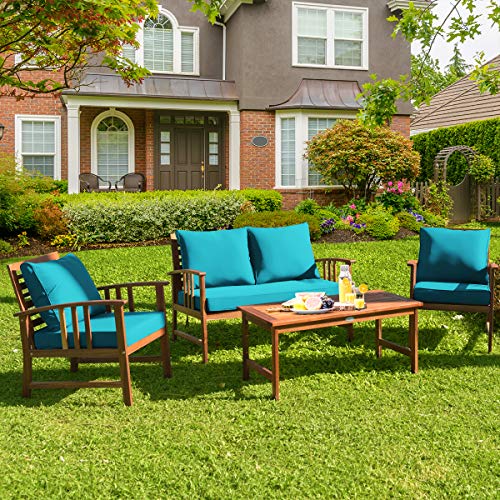 Tangkula 8 PCS Acacia Wood Patio Furniture Set, Outdoor Seating Chat Set w/Gray Cushions Back Pillow, Outdoor Conversation Set w/Coffee Table for Garden, Backyard, Poolside
