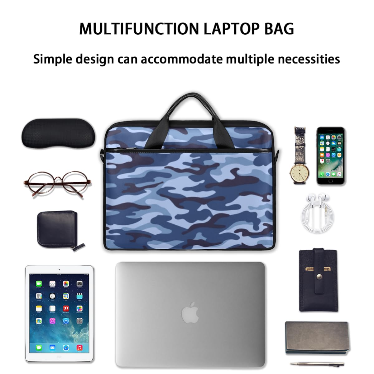 Blue Camouflage Laptop Computer Bag Waterproof Shoulder Messenger Bag 13-15 inch Durable Laptop Tote Bag with Shoulder Strap Handle Lightweight Crossbody Briefcase