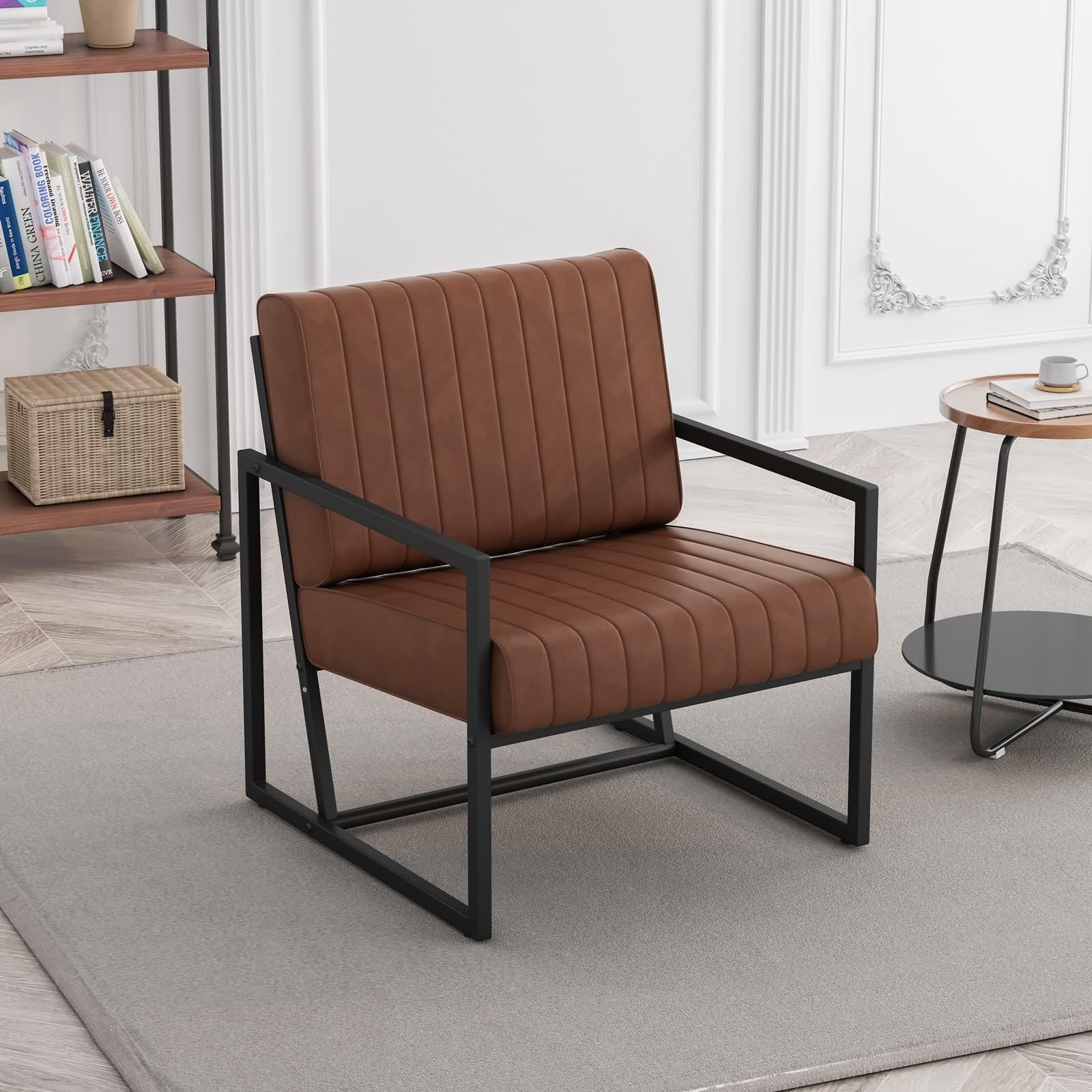 Brown Accent Chair, Arm Chairs PU Leather Comfy Modern Home Furniture for Living Room 26.77" L X 25.98" W 29.53" H