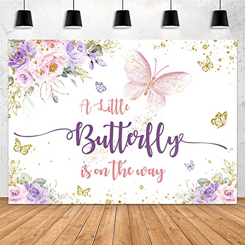 Aperturee 7x5ft Butterfly Baby Shower Backdrop A Little Butterfly is on The Way Photo Purple and Pink Floral Gold Spots Flowers Photography Background Princess Girl Party Decoration Banner Photo Booth
