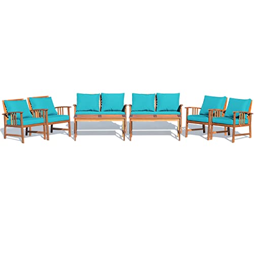 Tangkula 8 PCS Acacia Wood Patio Furniture Set, Outdoor Seating Chat Set w/Gray Cushions Back Pillow, Outdoor Conversation Set w/Coffee Table for Garden, Backyard, Poolside