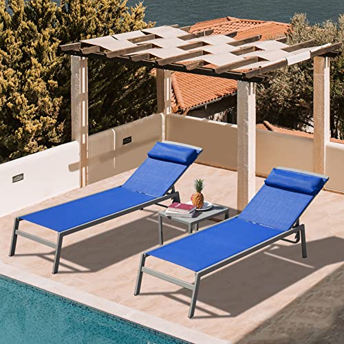 Domi Patio 3 Pieces Aluminum Textilene Chaise Lounge Set with Side Table Outdoor, Adjustable Back and Pillow for Yard Garden Sunbathing for All Seasons Blue(2022 New)