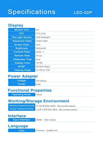 22 Inch 1080P Thin LED Monitor with HDMI VGA Built in Speaker Compatible with CCTV Security DVR NVR