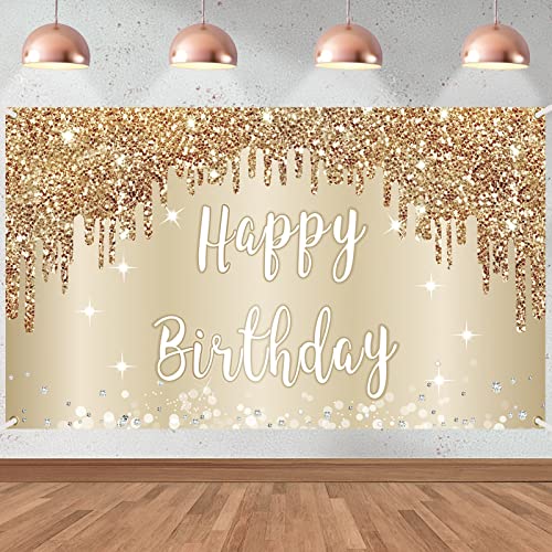 Gold White Happy Birthday Banner Decorations for Women Girls, Gold Glitter Happy Birthday Backdrop Party Supplies, 16th 18th 21st 30th 40th 50th 60th Birthday Background Poster Decor(72.8 x 43.3 Inch)