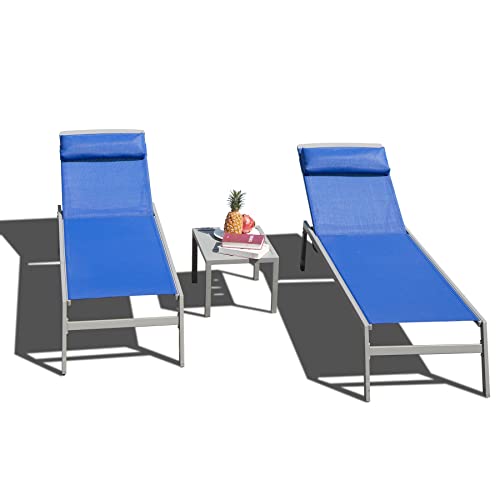 Domi Patio 3 Pieces Aluminum Textilene Chaise Lounge Set with Side Table Outdoor, Adjustable Back and Pillow for Yard Garden Sunbathing for All Seasons Blue(2022 New)