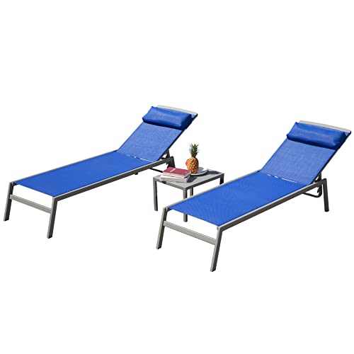 Domi Patio 3 Pieces Aluminum Textilene Chaise Lounge Set with Side Table Outdoor, Adjustable Back and Pillow for Yard Garden Sunbathing for All Seasons Blue(2022 New)