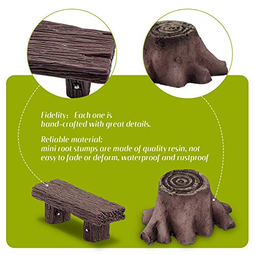 12 Pieces Miniature Fairy Garden Ornaments, Includes 6 Pieces Retro Wooden Style Benches, 6 Pieces Artificial Mini Root Stump for Moss Terrariums Landscape Dollhouse Accessories Decorations