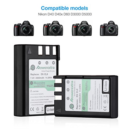 Powerextra 2 x EN-EL9 Battery & Charger with LCD Display Compatible with Nikon D40 D40x D60 D3000 D5000 Cameras