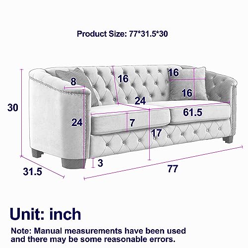 EMKK 77" Chesterfield Velvet Sofa, 3-Seater Upholstered Couches Tufted Backrests with Nailhead Arms and 2 Cushions for Living Room, Bedroom, Apartment, Office, G-Grey