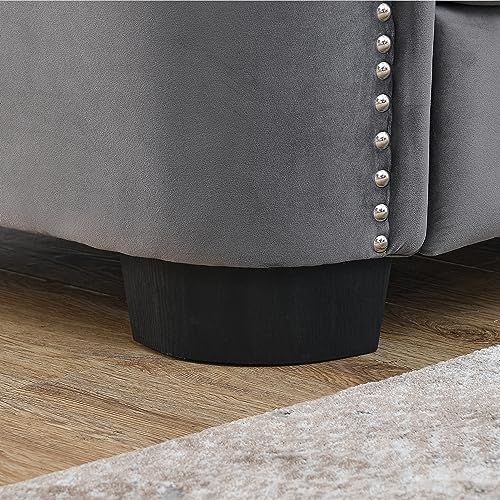 EMKK 77" Chesterfield Velvet Sofa, 3-Seater Upholstered Couches Tufted Backrests with Nailhead Arms and 2 Cushions for Living Room, Bedroom, Apartment, Office, G-Grey