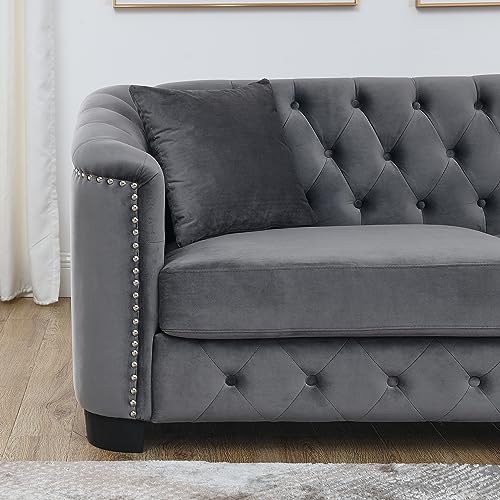 EMKK 77" Chesterfield Velvet Sofa, 3-Seater Upholstered Couches Tufted Backrests with Nailhead Arms and 2 Cushions for Living Room, Bedroom, Apartment, Office, G-Grey