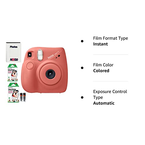 Fujifilm Instax Mini 7+ Instant Camera Bundle-Deluxe Kit, Fuji Instax Mini Film (20 Sheets), NeeGo Photo Album (Coral)