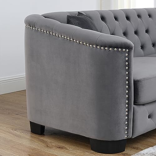 EMKK 77" Chesterfield Velvet Sofa, 3-Seater Upholstered Couches Tufted Backrests with Nailhead Arms and 2 Cushions for Living Room, Bedroom, Apartment, Office, G-Grey