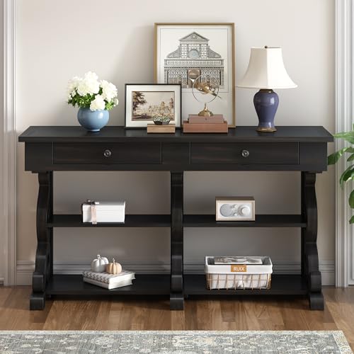 Rockjame Console Table, Retro Wood Sideboard with Ample Storage, Classic Accent Entryway Table with 2 Drawers and Open Adjustable Shelves for Entrance Dinning Room Living Room (Antique Black)