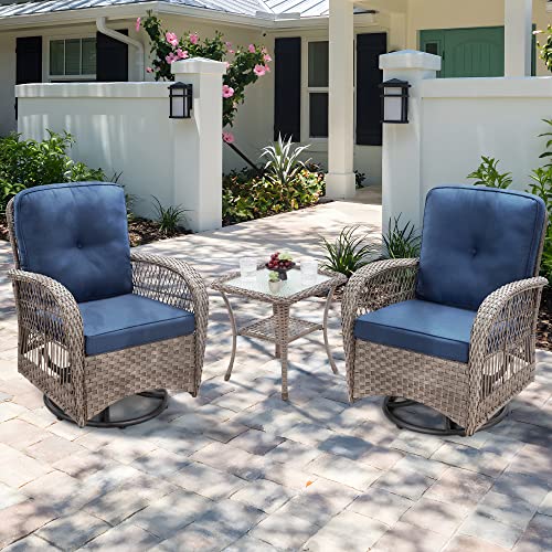 Joyside Patio Bistro Set - 3-Piece Patio Wicker Swivel Rocking Chair Set, Outdoor Patio Furniture Chair with Side Coffee Table & Durable Fabric Cushion(Brown/Blue)