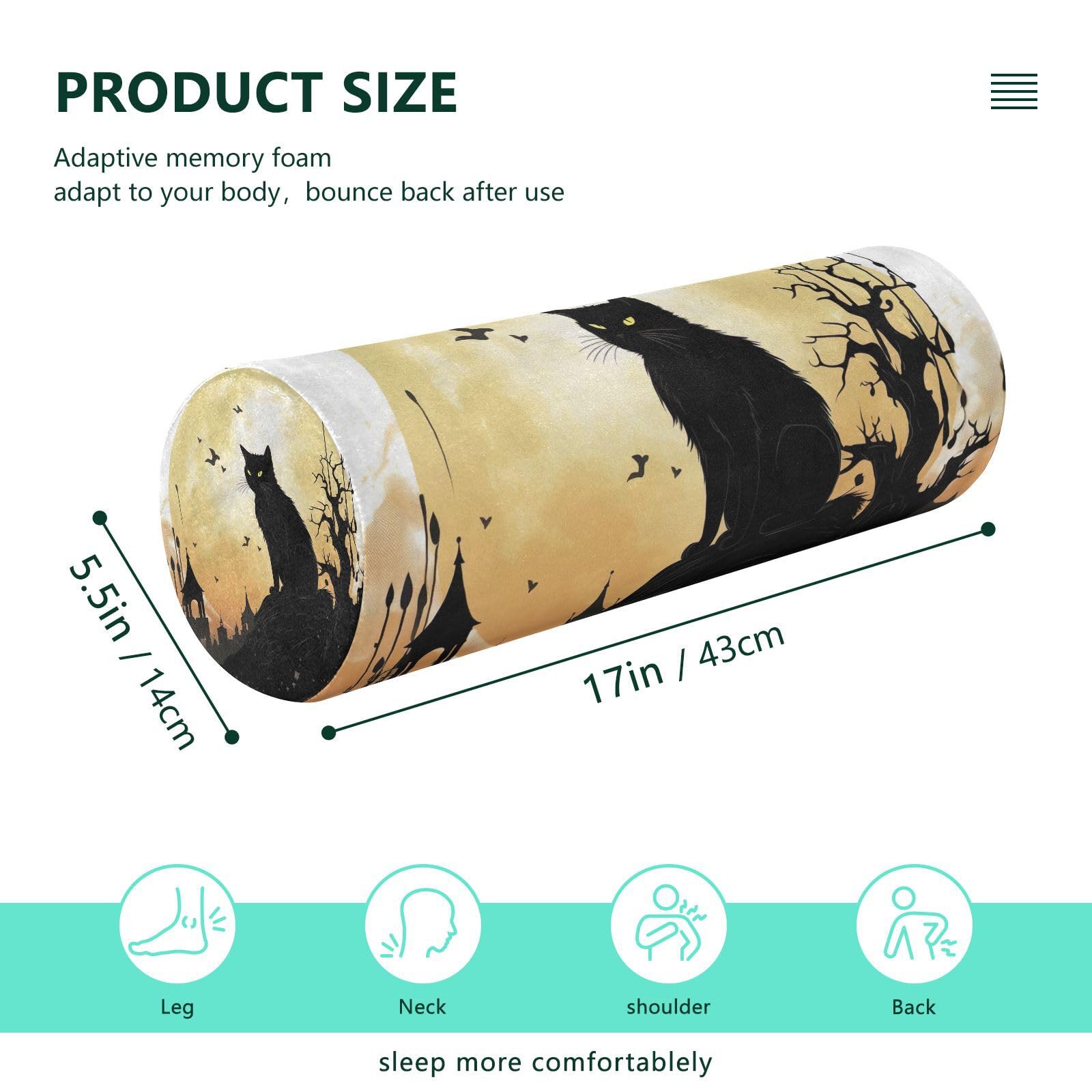 xigua Cute Black Cat Neck Roll Pillow for Neck Relief with Removable Washable Cover - Memory Foam Round Cylinder Bolster, Ergonomically Designed for Head, Neck, Back, and Legs