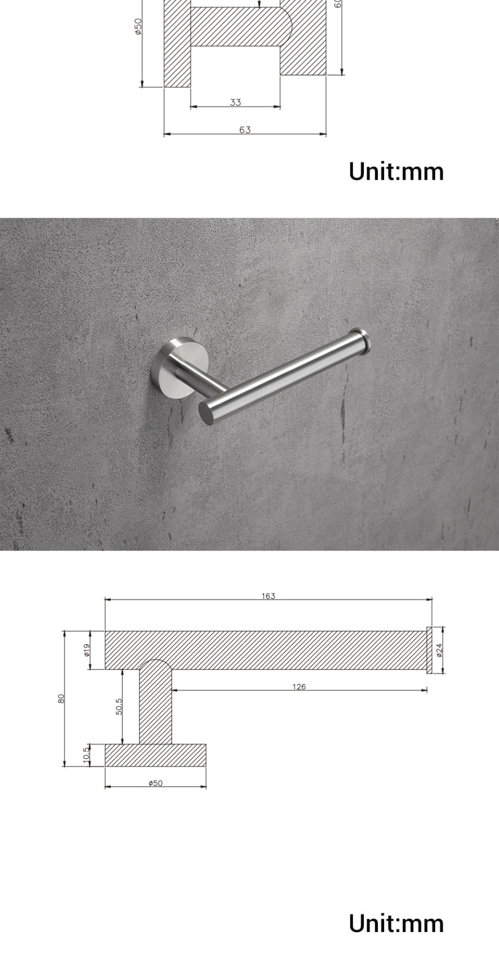 Bathroom Hardware Set Accessories Kit Brushed Stainless Steel Round Wall Rack Hand Bar Toilet Roll Paper Holder Robe Towel Hook,BG,Towel bar,60cm