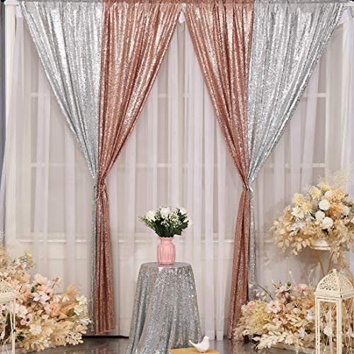 2Pcs 3Ft x 8Ft Rose Gold Sequin Backdrop Curtain, Glitter Photography Background, Sequence Xmas Thanksgiving Backdrop for Wedding Party Holiday Festival Decorā¦