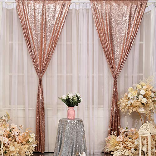 2Pcs 3Ft x 8Ft Rose Gold Sequin Backdrop Curtain, Glitter Photography Background, Sequence Xmas Thanksgiving Backdrop for Wedding Party Holiday Festival Decorā¦