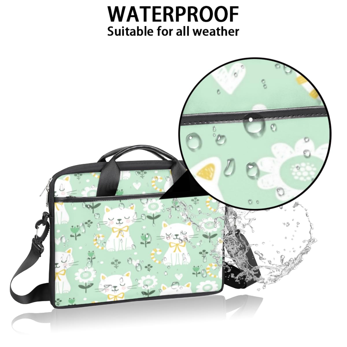 Bow Flower Cat Laptop Computer Bag Waterproof Shoulder Messenger Bag 13-15 inch Durable Laptop Tote Bag with Shoulder Strap Handle Lightweight Crossbody Briefcase