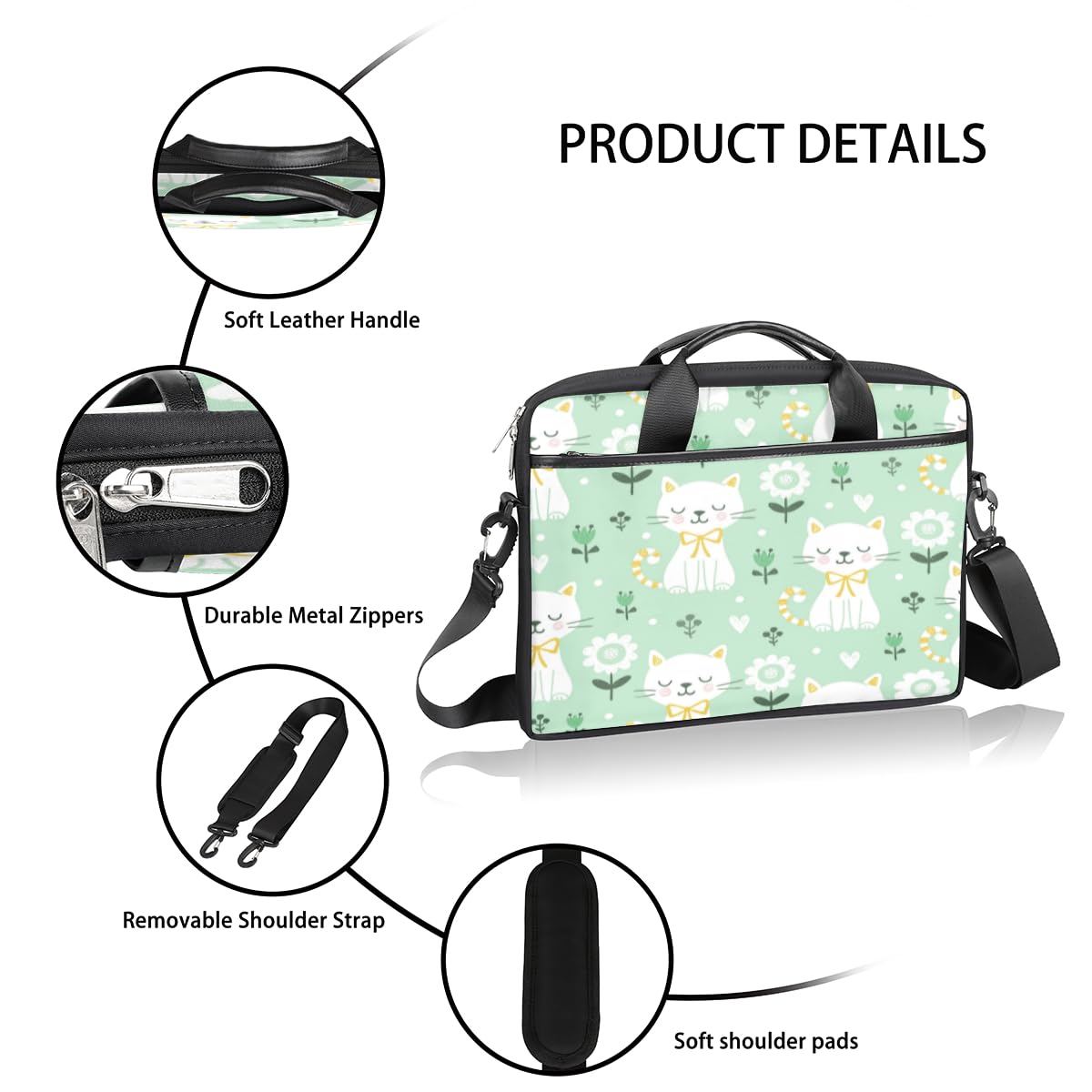 Bow Flower Cat Laptop Computer Bag Waterproof Shoulder Messenger Bag 13-15 inch Durable Laptop Tote Bag with Shoulder Strap Handle Lightweight Crossbody Briefcase