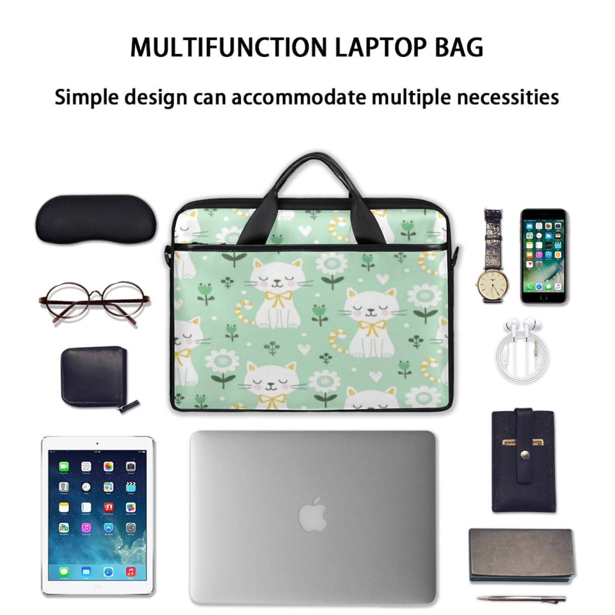 Bow Flower Cat Laptop Computer Bag Waterproof Shoulder Messenger Bag 13-15 inch Durable Laptop Tote Bag with Shoulder Strap Handle Lightweight Crossbody Briefcase