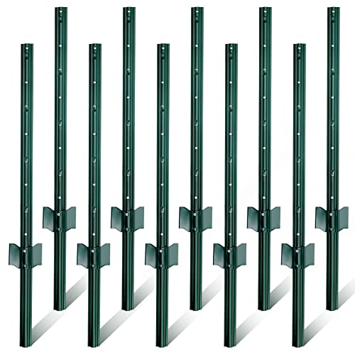 Gtongoko 7 Feet Sturdy Duty Metal Fence Post, Pack of 10, U Post for Fencing Green Fence Posts for Garden Yard and Outdoor Wire